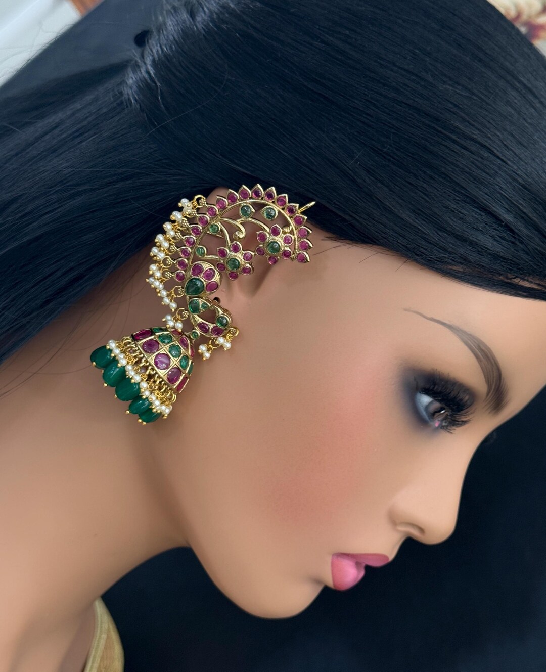 Antique Dull Victorian Finish Peacock Ear Cuff Jhumkas / Temple Jhumka ...