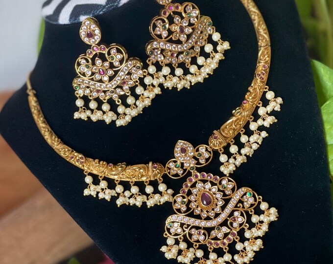 Lotus Peacock Hasli Choker / Antique Necklace Set / Kemp Neck Set With ...