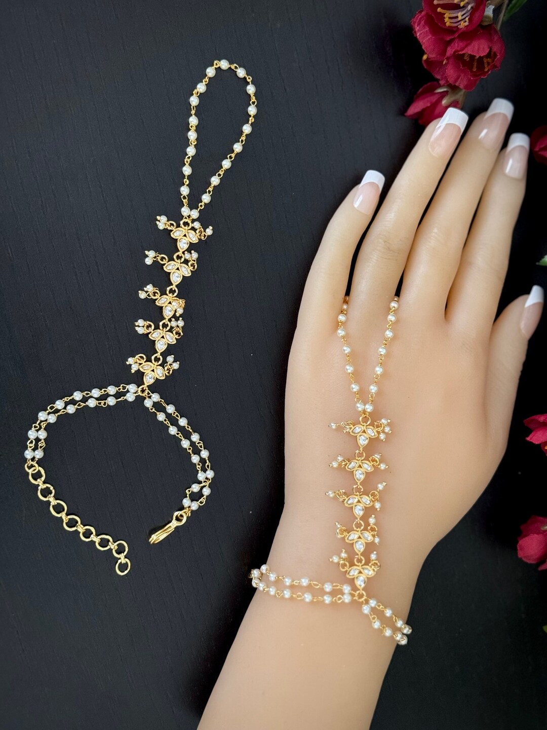 A Pair of Gold Finished Pearl Bracelet/ Haathphool /hath Panja Ring ...