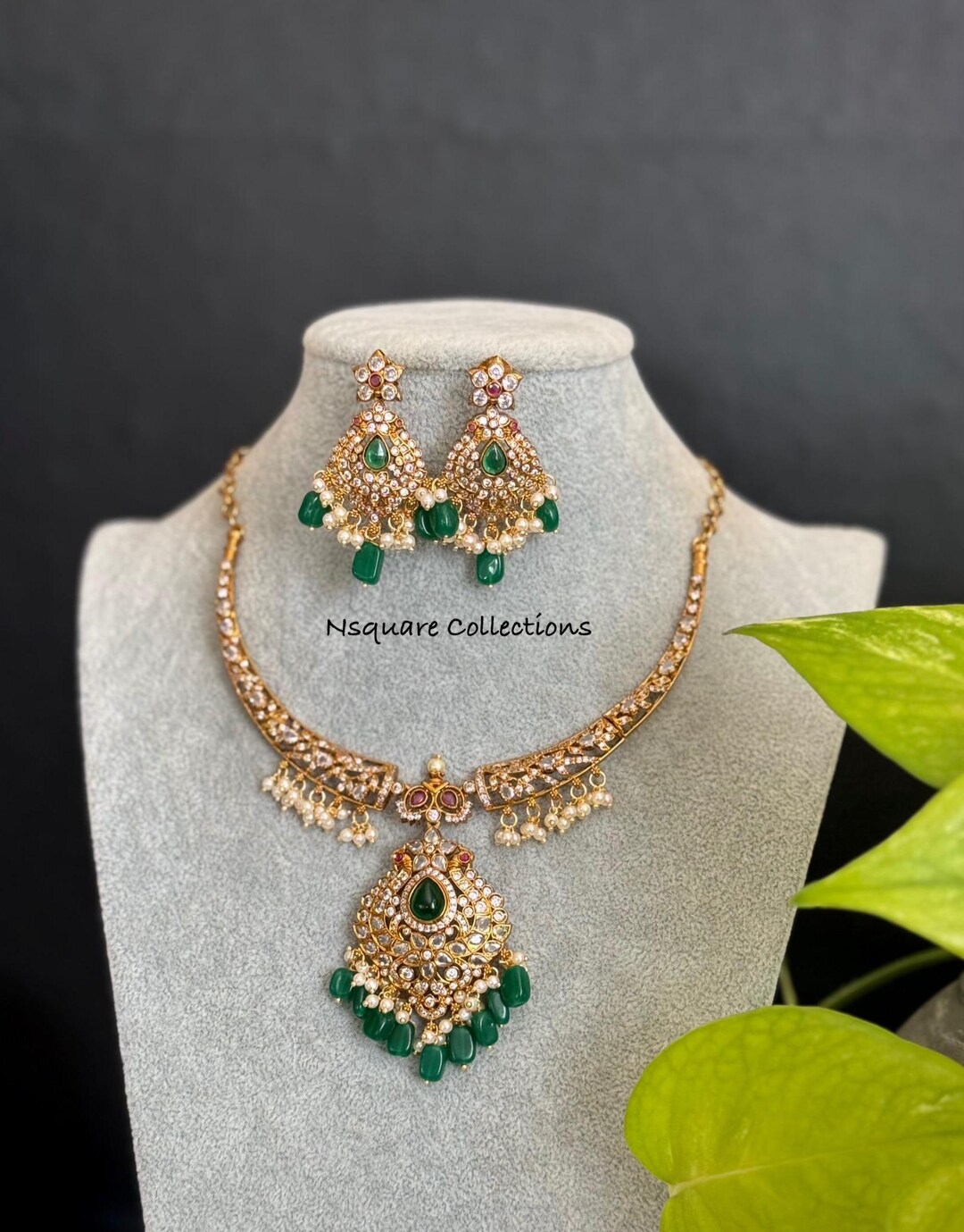 Victorian Finish Diamond Kanti Necklace Set / Mehendi Finish Kemp Neck ...