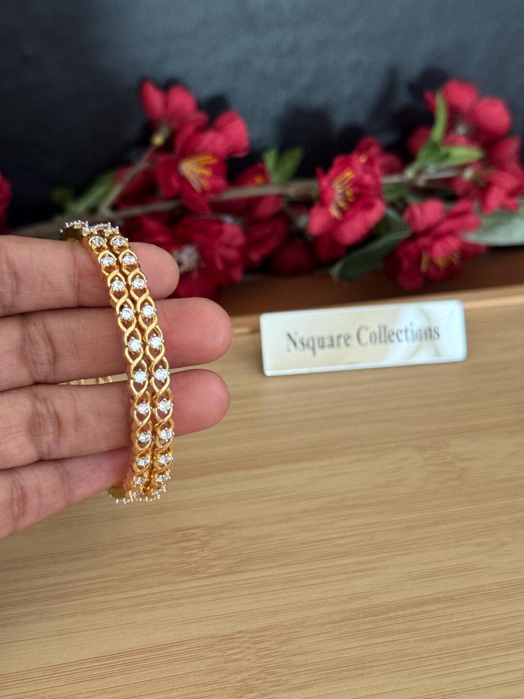 A Pair of Slim CZ Two Tone Finished Gold Bangle Set/ Gold Plated ...