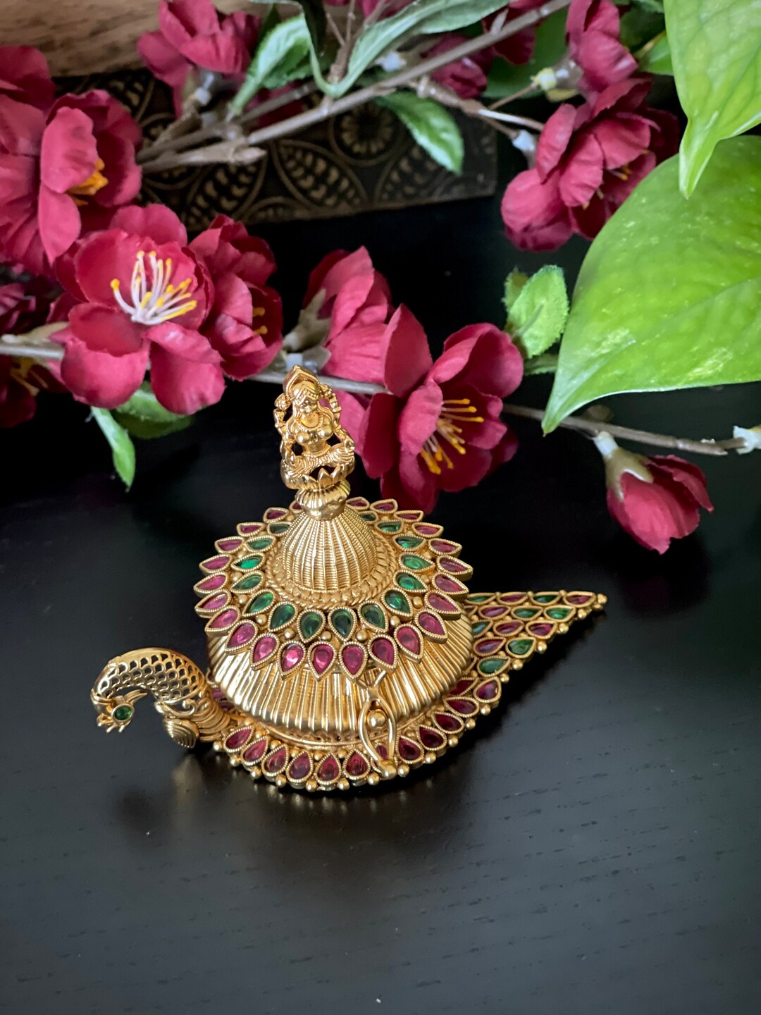 Antique Gold Finished Sindoor Box / Wedding Gift/ Pooja Accessories/ Lakshmi Devi Peacock Kumkum ...