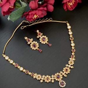 Simple Elegant Kemp Necklace Set / Mini Bridal Jewelry/ Temple Jewelry ...