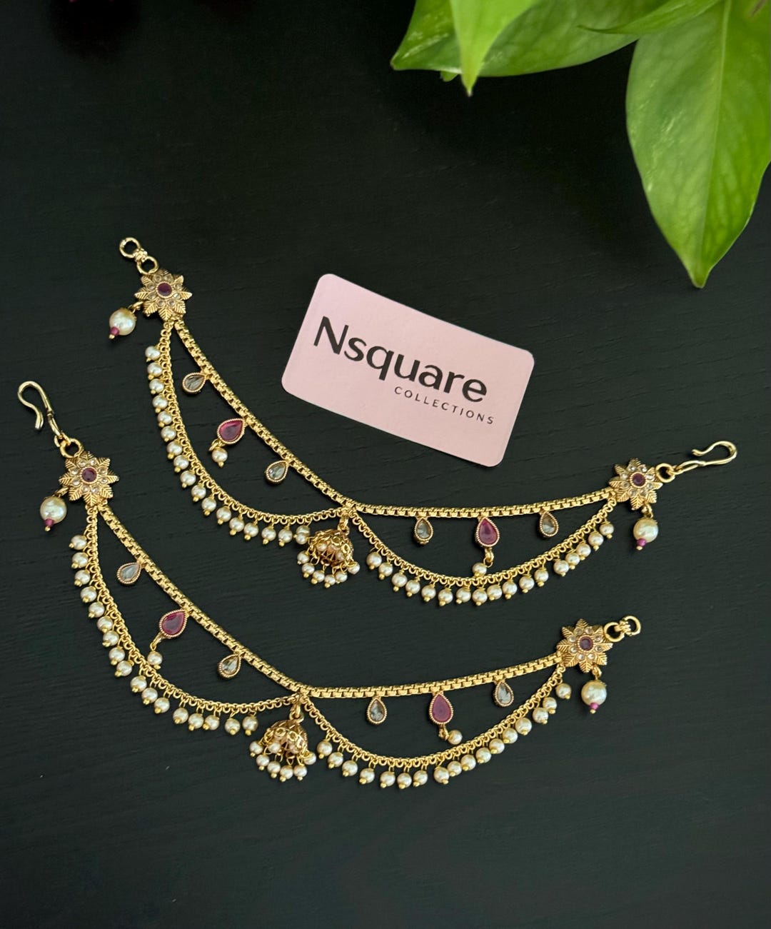 A Pair of Gold Plated Layered Polki Ear Chain /traditional Jhumkas ...