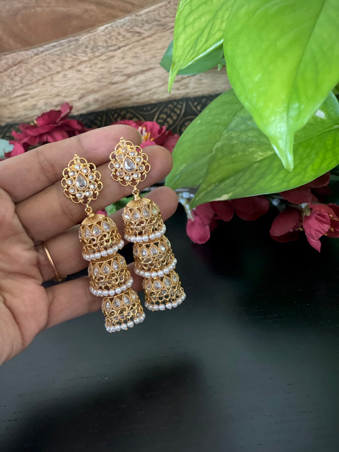 Polki Three Layered Jhumkas / Indian Jewelry/ Women Jhumki Earrings ...