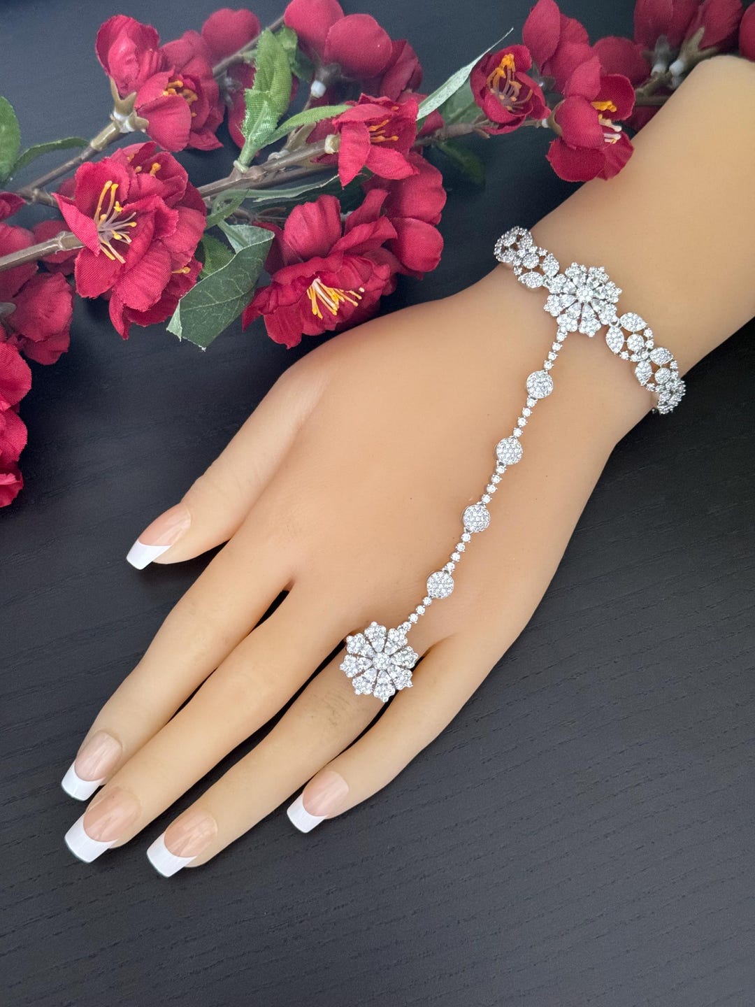 Single AD Sinver Haath Phool / Silver Finished Ring Bracelet / Hand Harness/ Diamond Bracelet ...