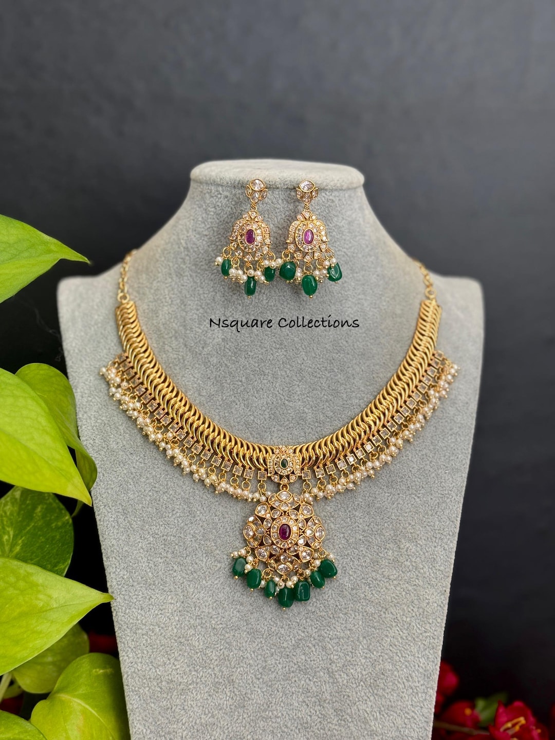 Antique CZ Diamond Necklace Set: Green Beads Kemp Attigai Necklace - Etsy