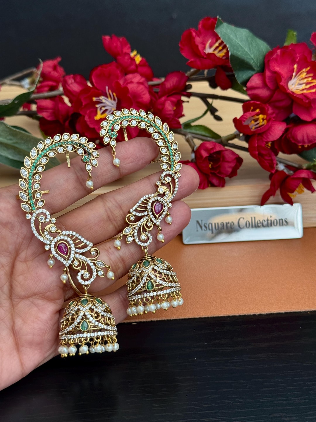 Victorian Finish Peacock Ear Cuff Jhumkas / Temple Jhumka Earrings ...