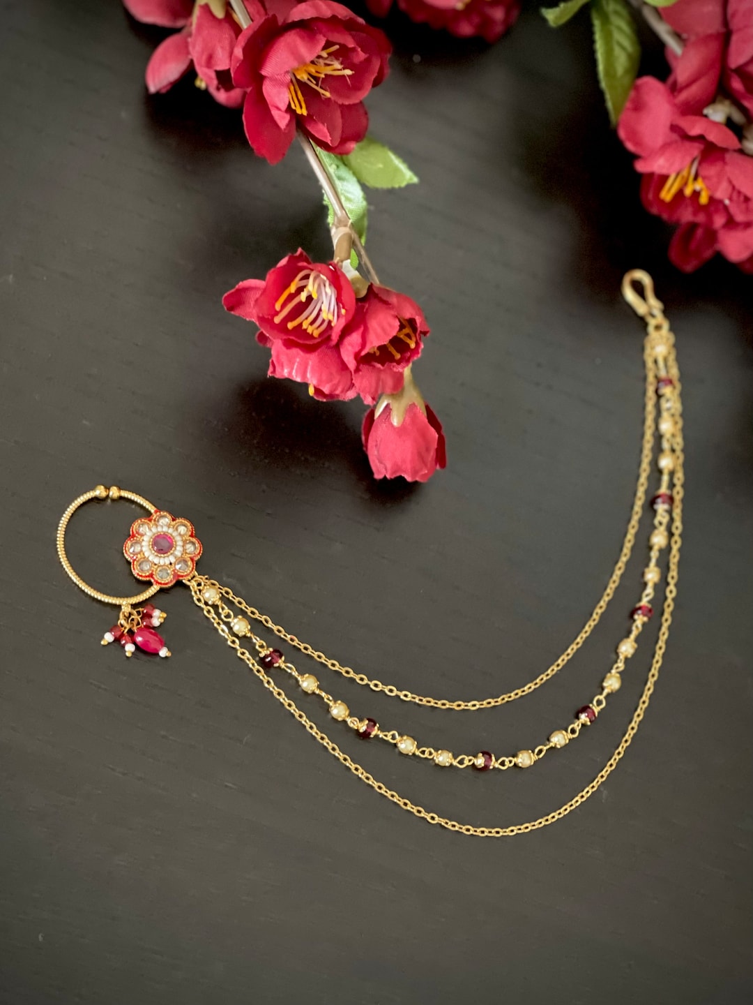 Left Side Nose Ring With Pearl Chain / Bridal Jewelry/ Nath / Nathni ...