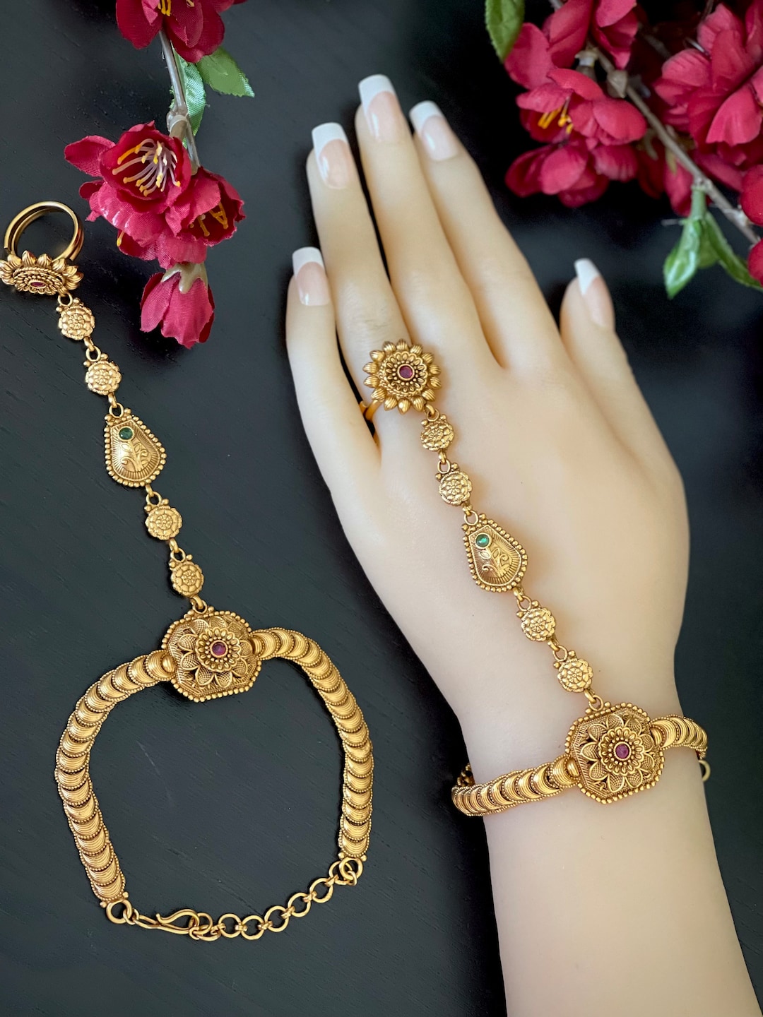 A Pair of Antique Gold Hathphool / Haathphool / Bracelet Ring Combo ...