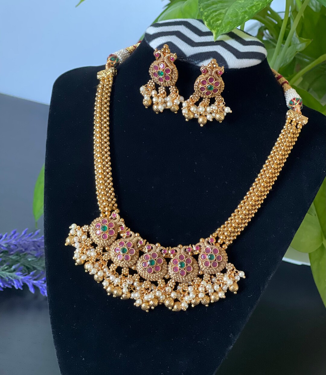 Antique Gold Finished Peacock Necklace Set With Kemp Stones /south ...