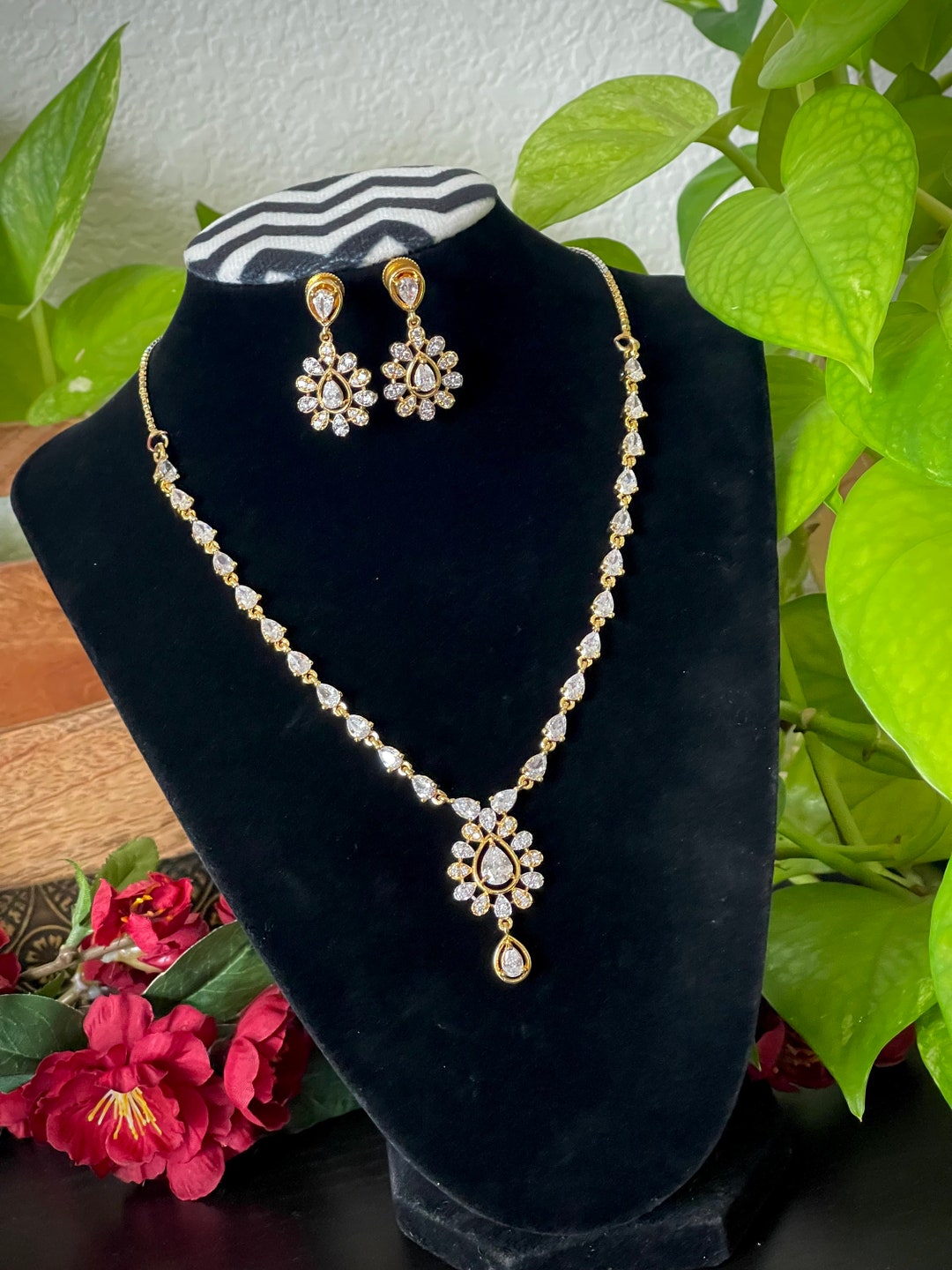 Simple Elegant AD Necklace Set / Mini Diamond Necklace Set / Temple ...