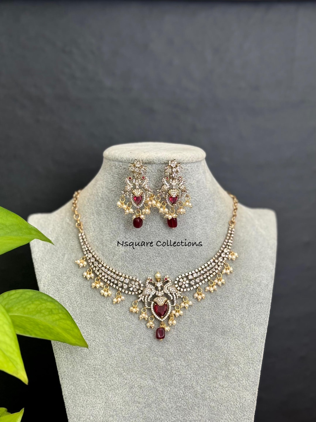 Dull Gold CZ Necklace Set: South Indian Style Ruby Jewelry - Etsy