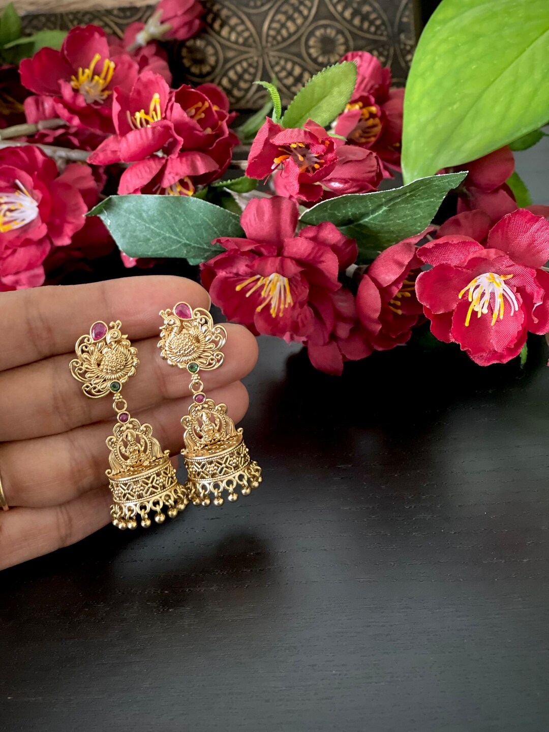 Small Antique Gold Finished Jhumka Earrings / Goddess Lakshmi Peacock ...