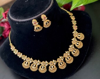 Simple Cute Gold Finished Lakshmi Coin Necklace Set With Matching ...