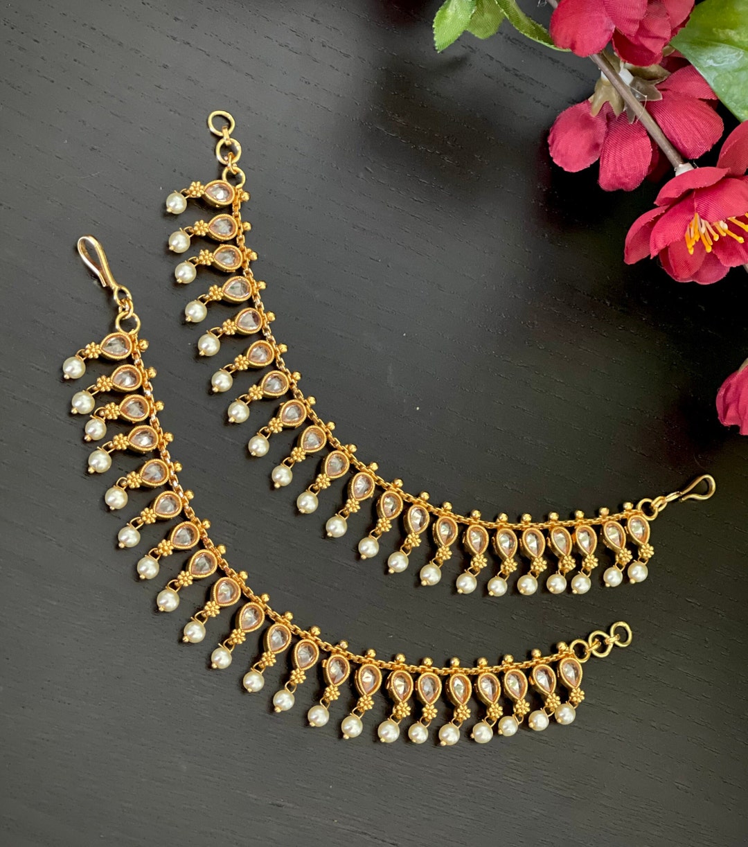 A Pair of Gold Plated Polki Ear Chain /traditional Earrings Accessories ...