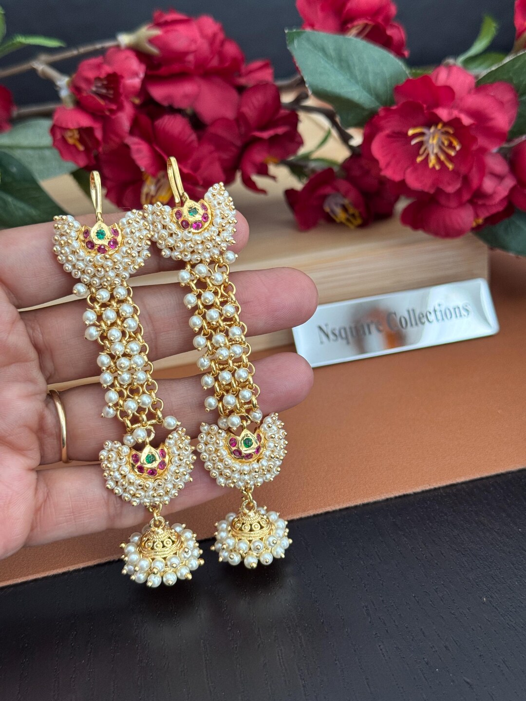 Gold Finish Ruby Pearl Jhumka Earrings With Ear Chain: Bridal Temple ...