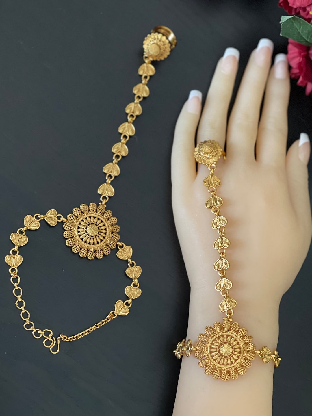 A Pair of Antique Gold Hathphool / Haathphool / Bracelet Ring Combo ...