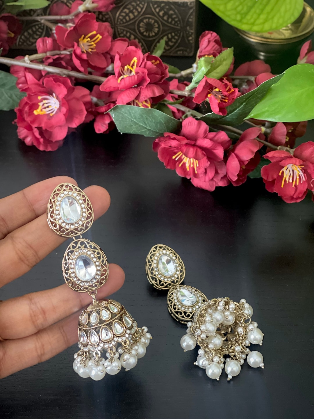 Dull Gold Jhumkas/mehendi Finished Kundan and Pearl Jhumkas/ Jhumki ...