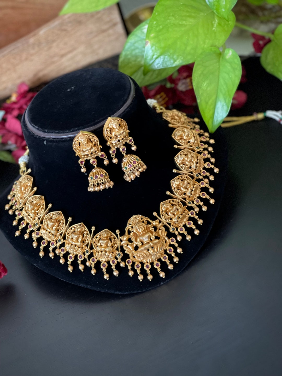 Antique Matte Gold Finished Goddess Lakshmi Necklace Set With Matching ...