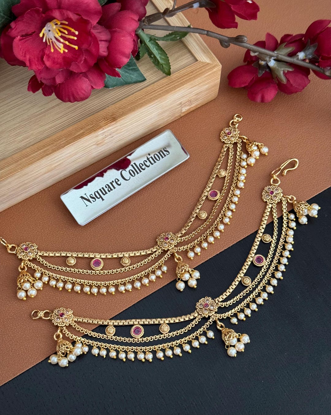 A Pair of Gold Plated Layered Polki Ear Chain /traditional Jhumkas ...