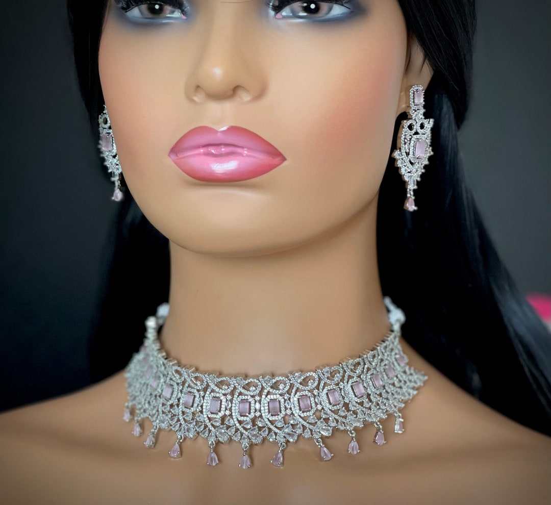 Diamond Choker Necklace Set Bridal Jewelry Temple Jewelry Silver