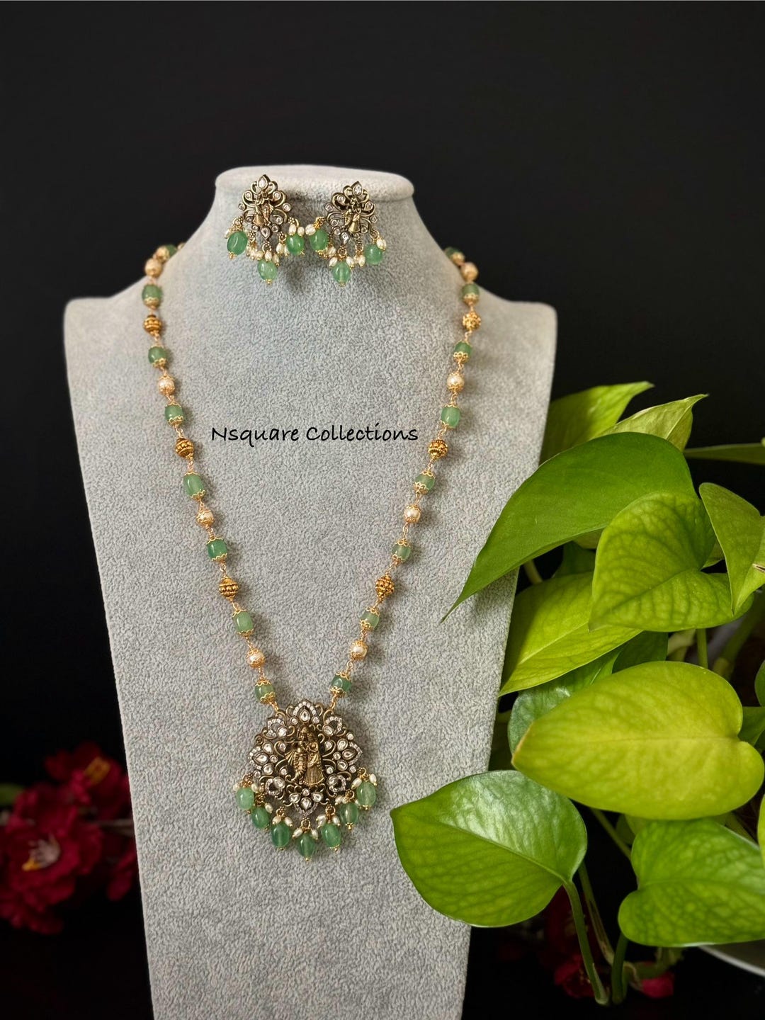 Victorian Finish Radha Krishna Pendant Beaded Necklace Set /bridal ...
