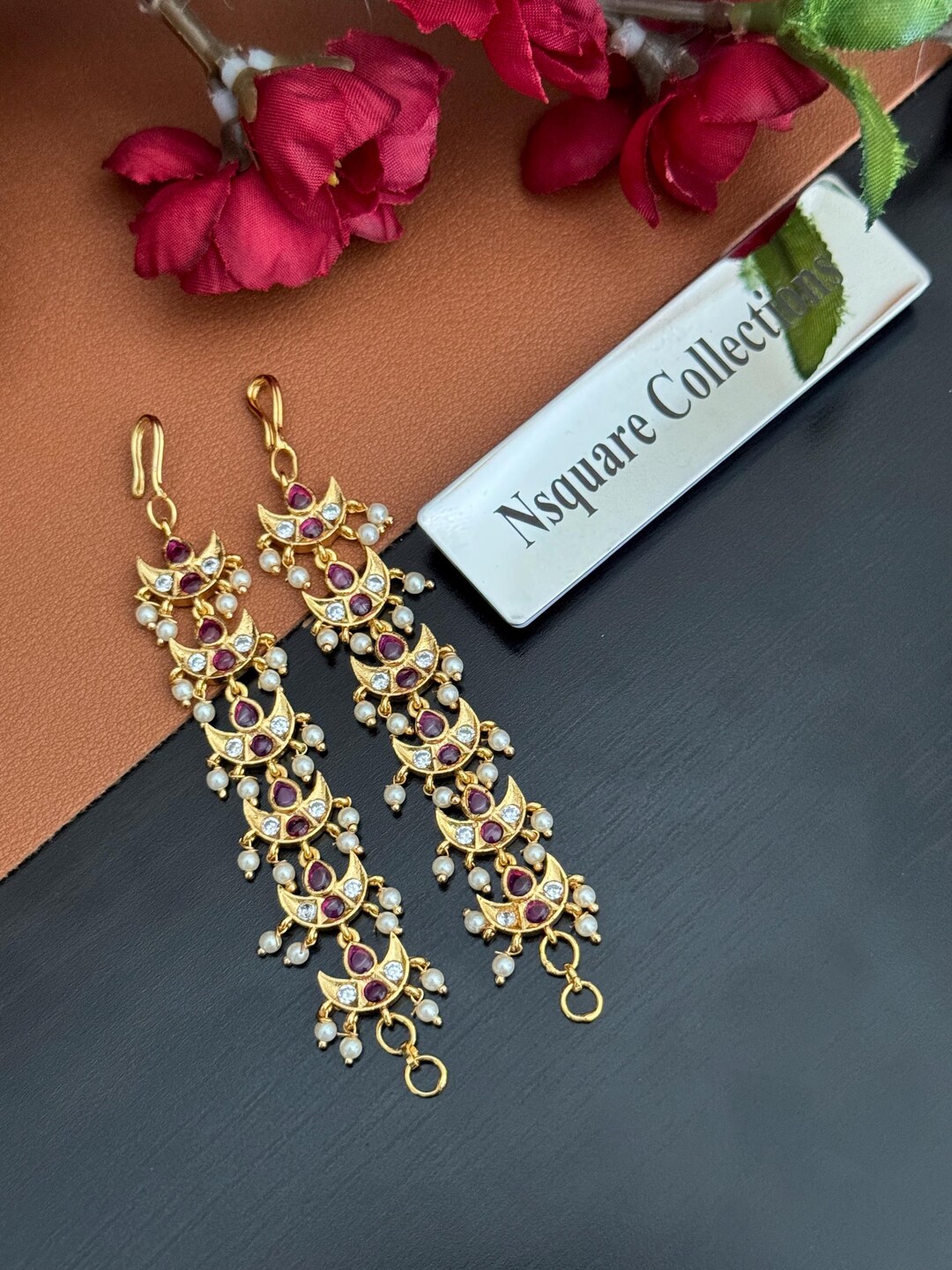 CZ Pearl Ear Chain: Gold Traditional Indian Earrings - Etsy