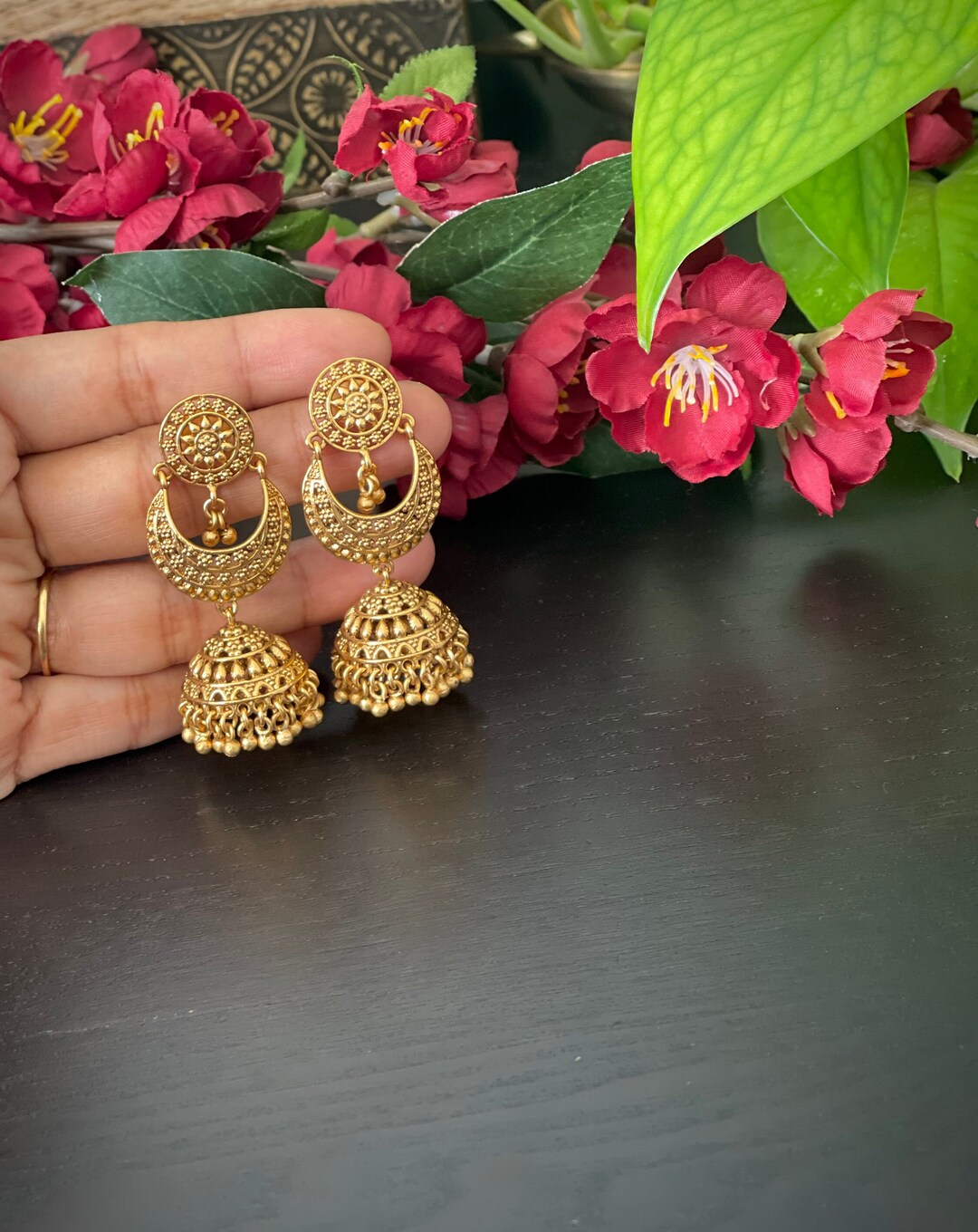 Antique Gold Jhumka /earrings Temple Jewelry / Dangle Drop Antique Gold ...