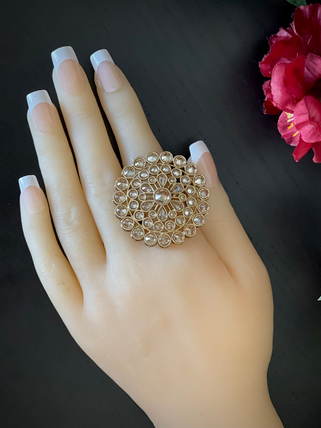 Antique Dull Gold Polki Adjustable Finger Ring / Mehendi Finished ...