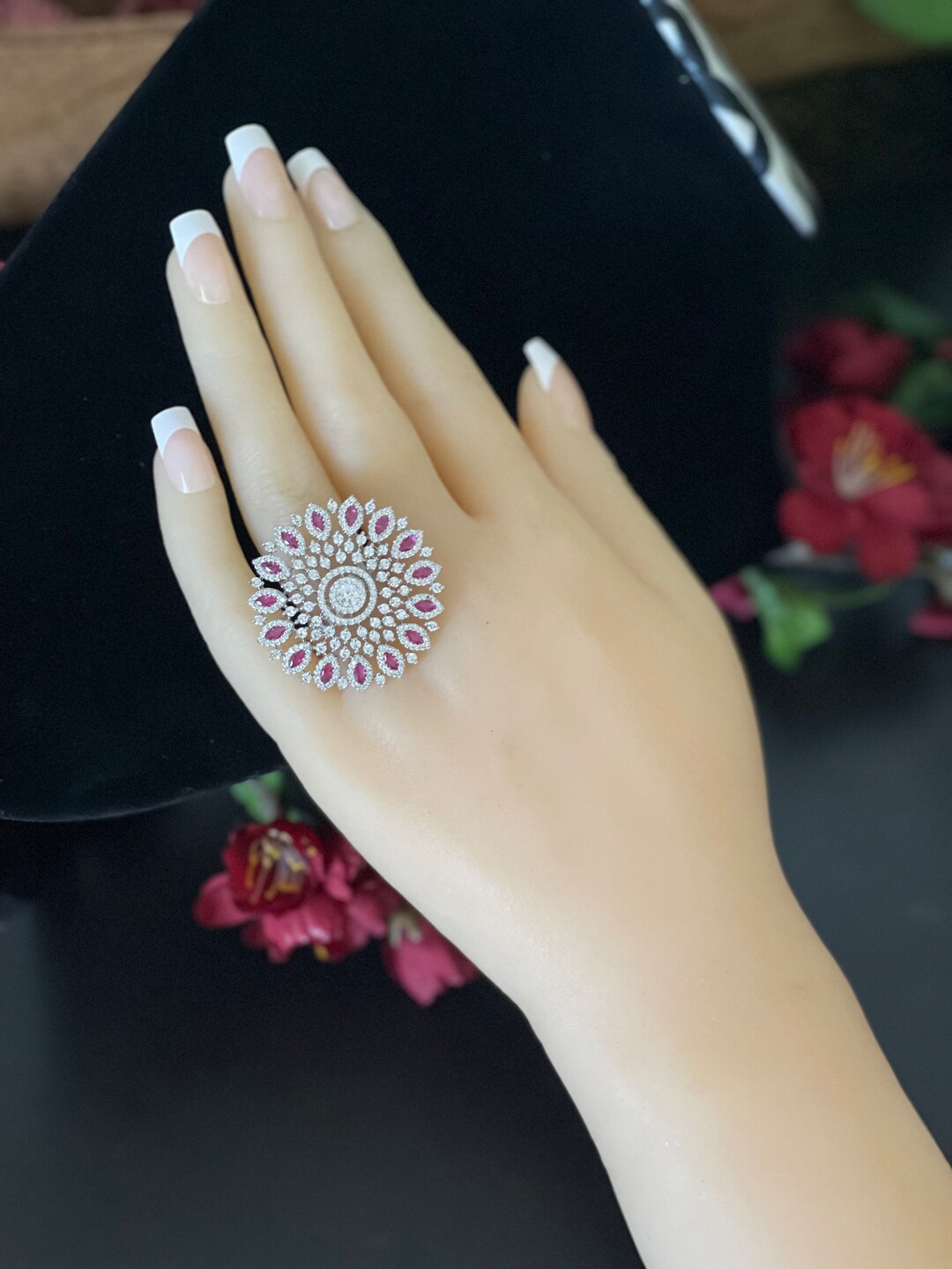 White Rhodium Finished Designer AD/CZ Adjustable Finger Ring / Diamond ...