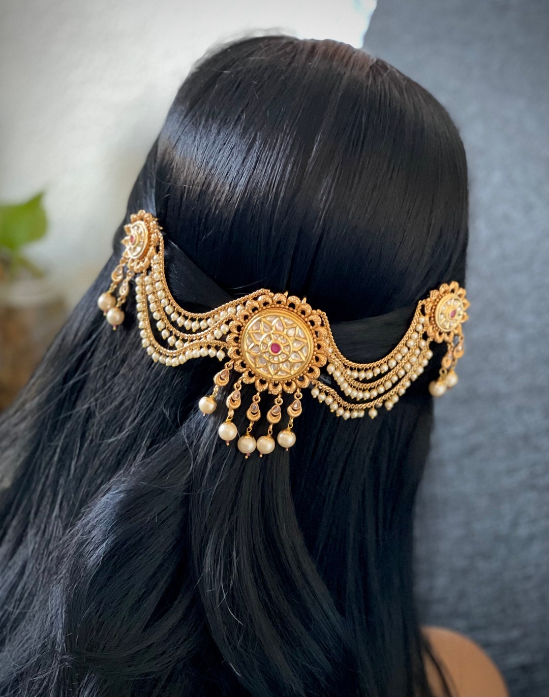 Kundan Hair Pin / Antique Gold Kundan Polki Juda Pin / Veni Pin / Juda ...