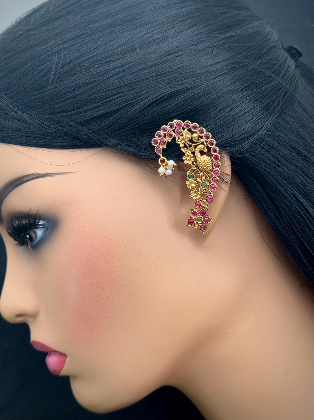 Cute Antique Ruby Pearl Peacock Ear Cuff Earrings / Cute Bridal ...