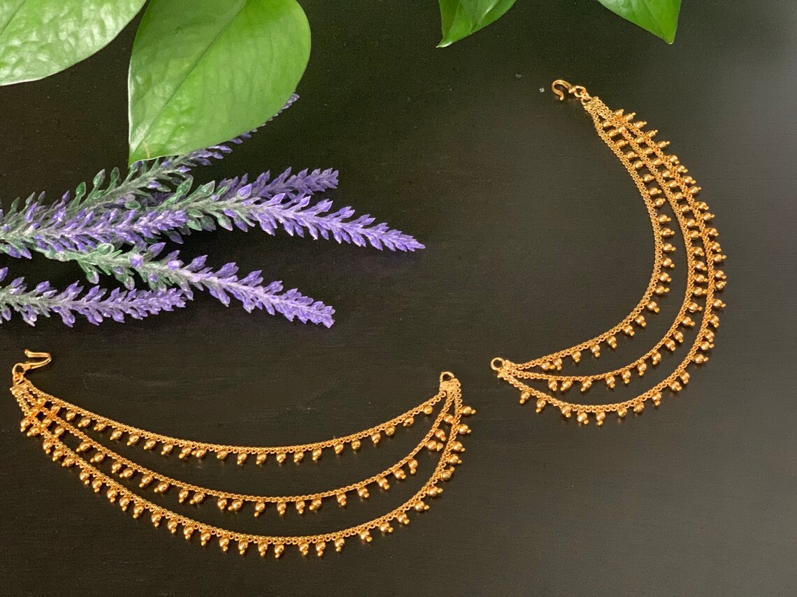 Gold Finished Three Layered Ear Chain /traditional Earrings - Etsy