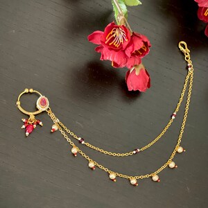 Left Side Nose Ring With Pearl Chain / Bridal Jewelry/ Nath / Nathni / Left Nose Clip on Nosepin ...