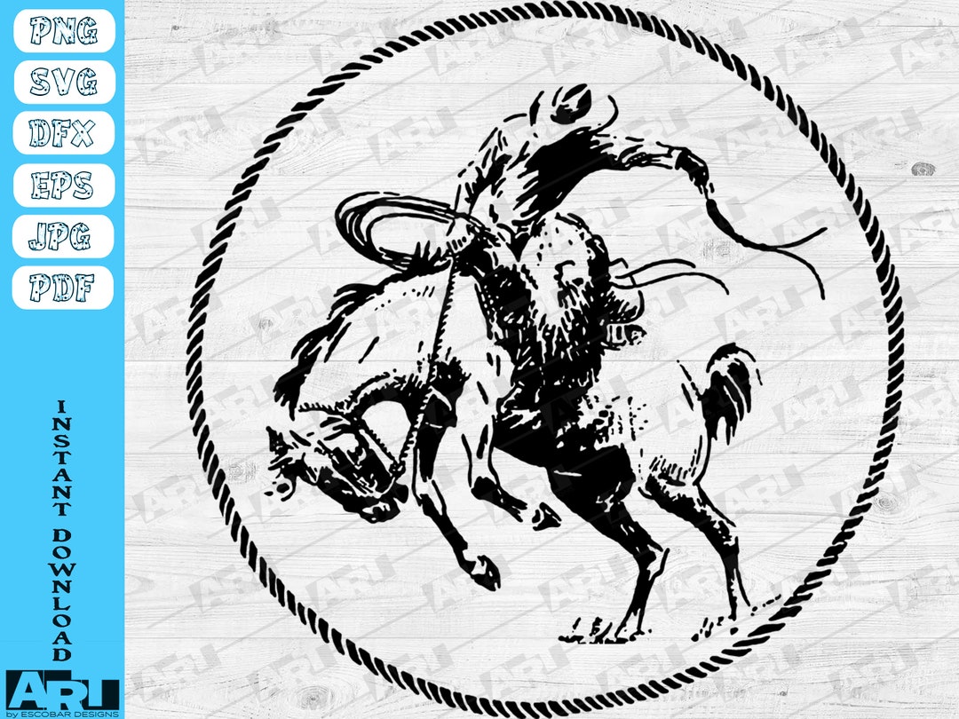 Cowboy on Bucking Bronco in Rope Circle Western Svg Png Clip - Etsy