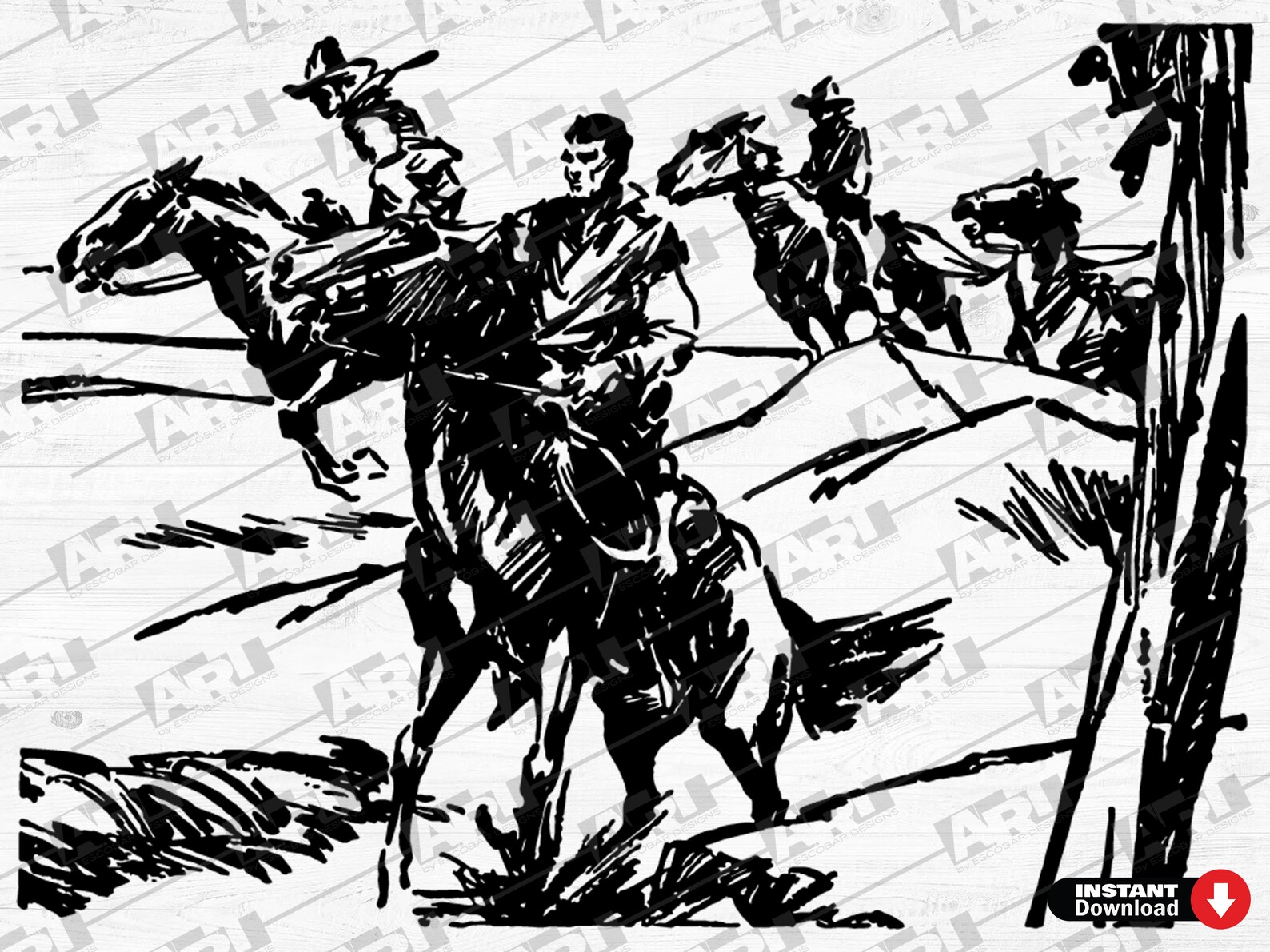 Vintage Illustrations, Western SVG Cowboys, Posse, Breaking a Horse, at ...
