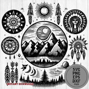Vintage Native American Symbols With Mountains, Trees, and Sun in the ...