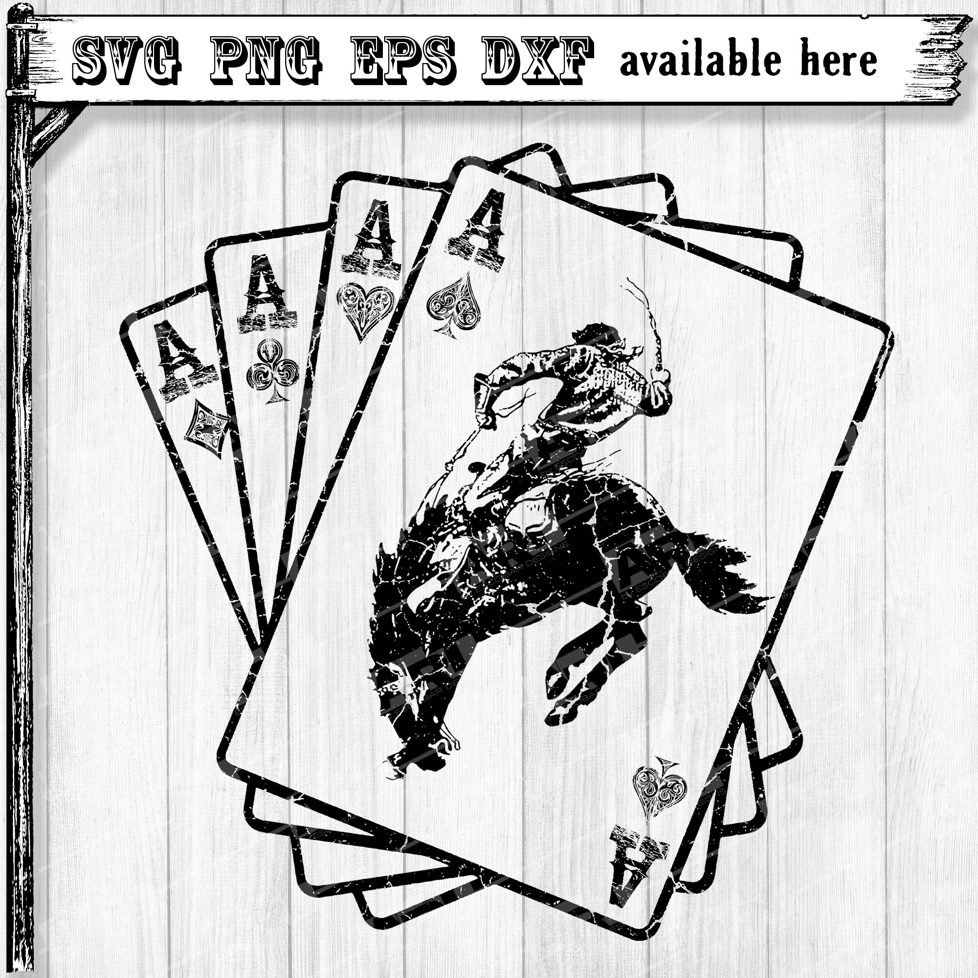 Cowboy Saddle Bronc Riding on Four Aces Playing Cards SVG PNG, With ...