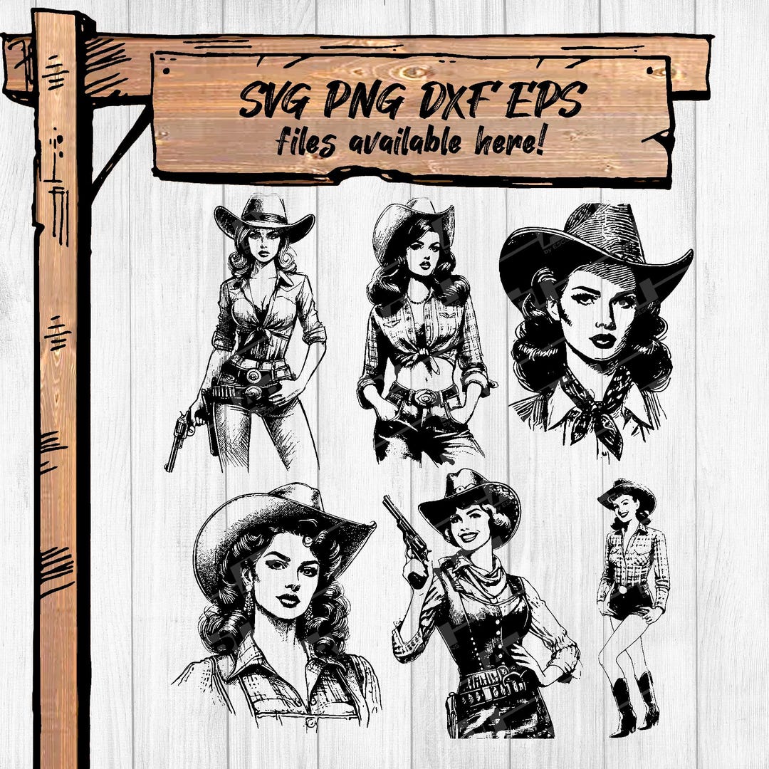 Retro Cowgirl Clipart Bundle – 1950s Western Pin-up (svg, Png, Dxf, Eps ...