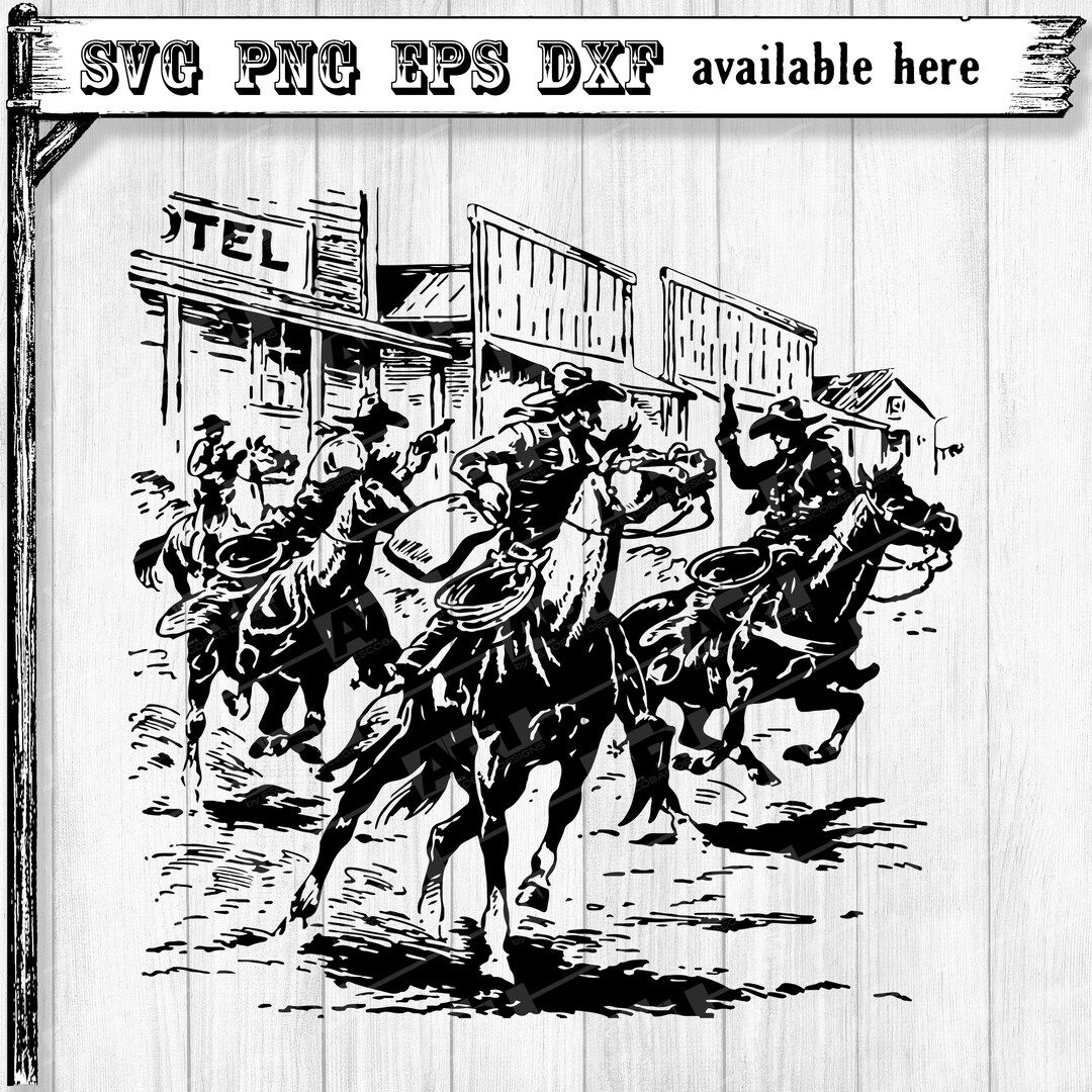Exciting Vintage Line Illustration of Western Outlaws Robbing a Bank ...
