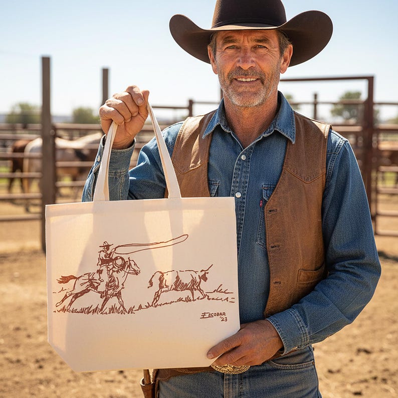 Hand-drawn Western Rodeo Canvas Tote Bag - Rustic Cowboy & Steer Art - Etsy