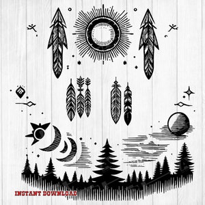 Vintage Native American Symbols With Mountains, Trees, and Sun in the ...