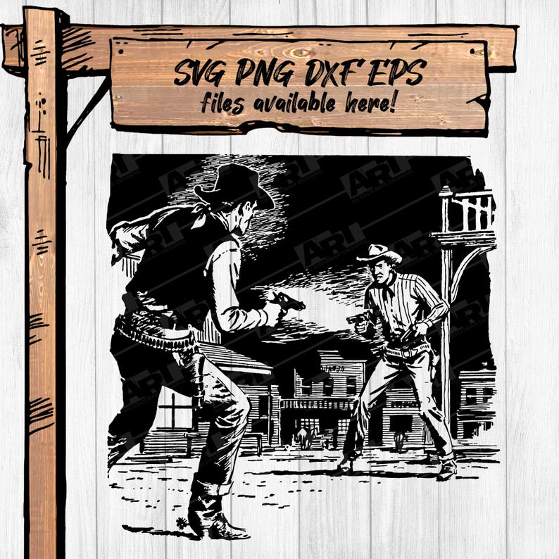 Vintage Cowboy Gunfight Clipart – Western Pulp Illustration (svg, Png ...