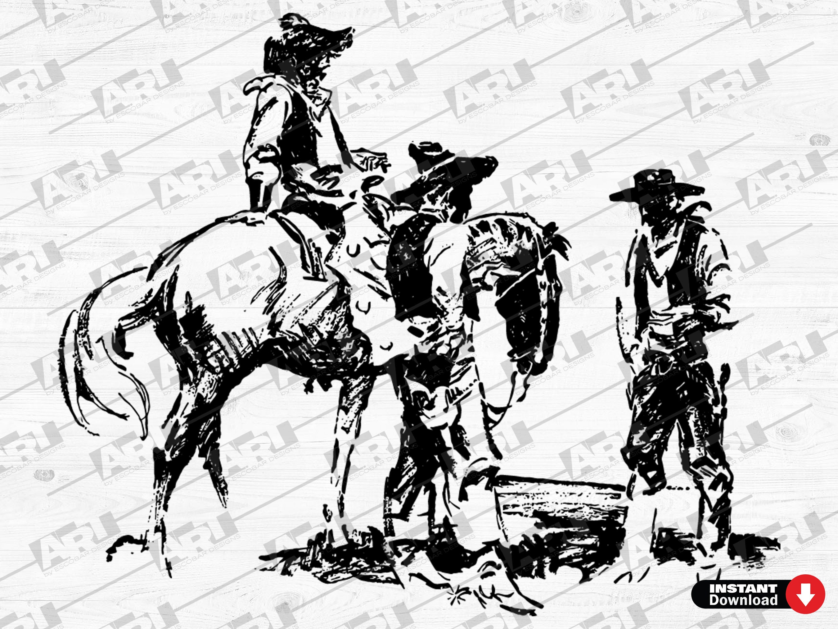 Vintage Illustrations, Western SVG Cowboys, Posse, Breaking a Horse, at ...