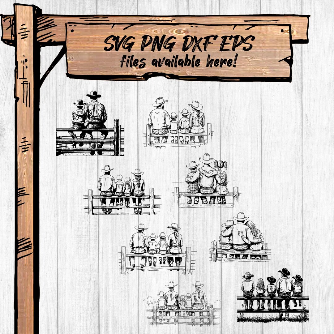 Cowboy Families Sitting on a Corral Fence SVG PNG, Western Png, Cowboy ...