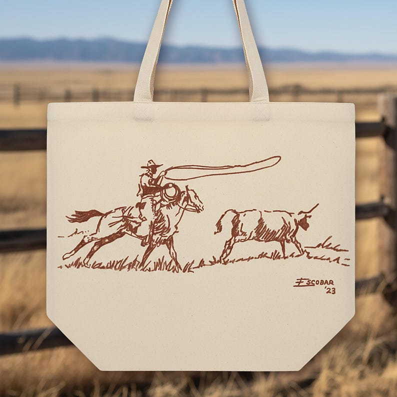 Hand-drawn Western Rodeo Canvas Tote Bag - Rustic Cowboy & Steer Art - Etsy