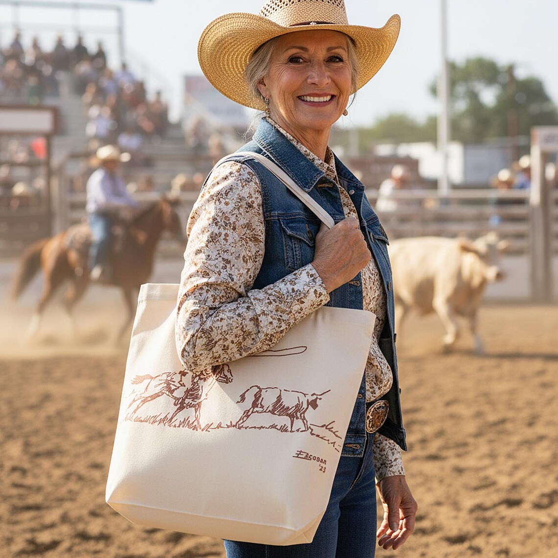 Hand-drawn Western Rodeo Canvas Tote Bag - Rustic Cowboy & Steer Art - Etsy