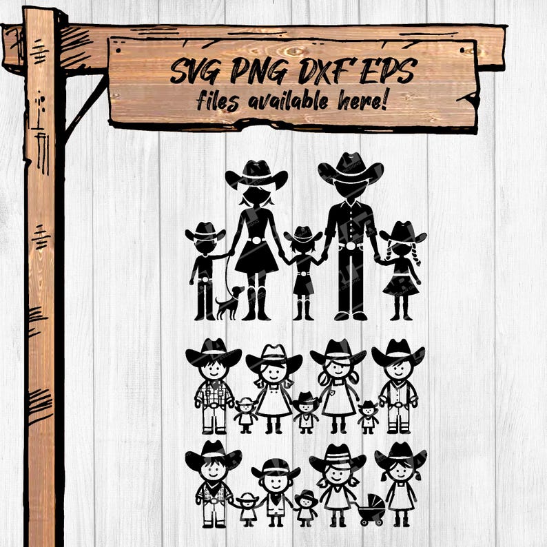 Cowboy Family Stick Figure Clipart: Western Vector SVG (digital ...