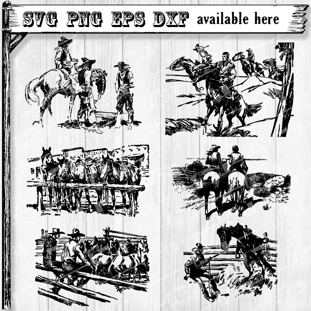 Vintage Illustrations, Western SVG Cowboys, Posse, Breaking a Horse, at ...